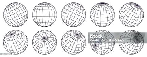 글로브 그리드 구체 스트라이프 3d 구 지오메트리 글로브 그리드 지구 위도 및 경도 선 그리드 벡터 기호 세트 구형 그리드 글로브 모양 지구본에 대한 스톡 벡터 아트 및