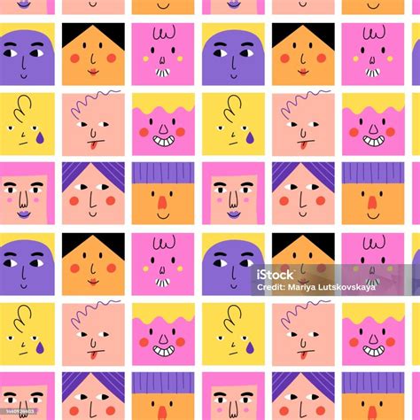 추상 사각형은 매끄러운 패턴을 향합니다 재미있는 만화 캐릭터 낙서 트렌디 한 아바타 미소 사람들 현대 기하학적 인쇄물 장식 섬유