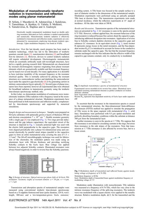Pdf Modulation Of Monochromatic Terahertz Radiation In Transmission