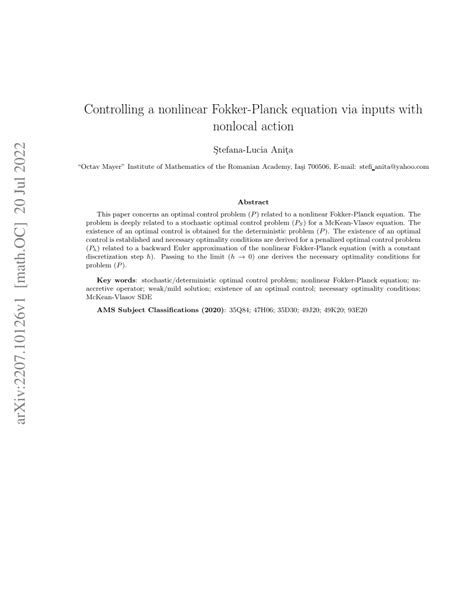 Pdf Controlling A Nonlinear Fokker Planck Equation Via Inputs With Nonlocal Action