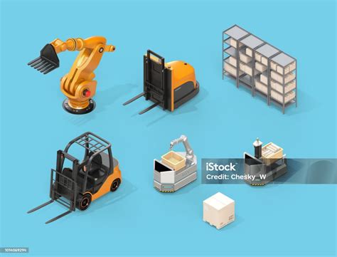 전기 지게차 파란색 배경에 자치 포크 리프트 Agv 산업 로봇의 아이소메트릭 뷰 등측투영법에 대한 스톡 사진 및 기타 이미지
