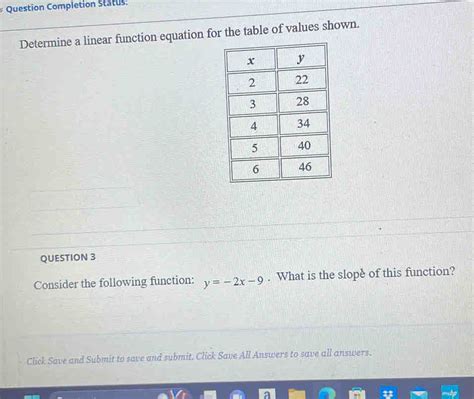 question completion status determine a linear function equation for