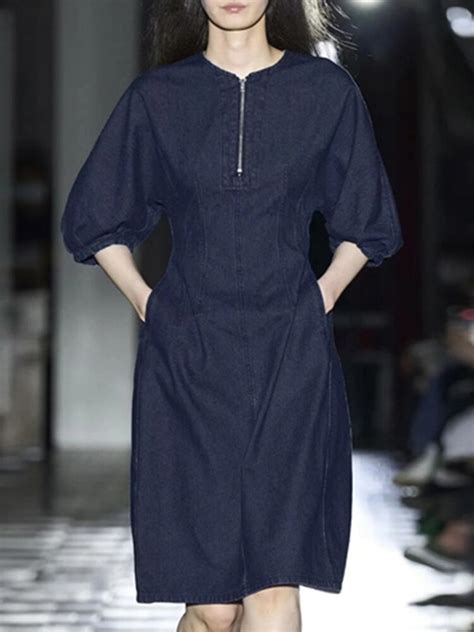 봄 여름 데님 드레스 런웨이 패션 여성 다크 블루 랜턴 슬리브 빈티지 우아한 고품질 오피스 레이디 Aliexpress