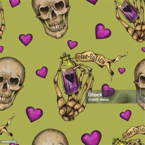 빈티지 두개골과 해골 손 사랑의 묘약이 있는 매끄러운 패턴 문신 질감 10월에 대한 스톡 벡터 아트 및 기타 이미지 10월 건강관리와 의술 독성 물질 Istock