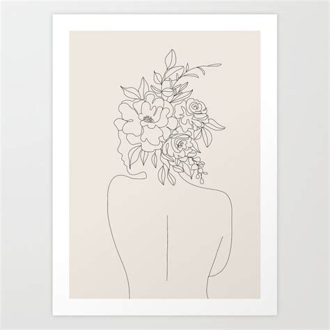 Woman With Flowers Minimal Line I Art Print By Nadja Line Art