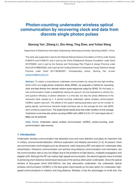 Pdf Photon Counting Underwater Wireless Optical Communication By Recovering Clock And Data