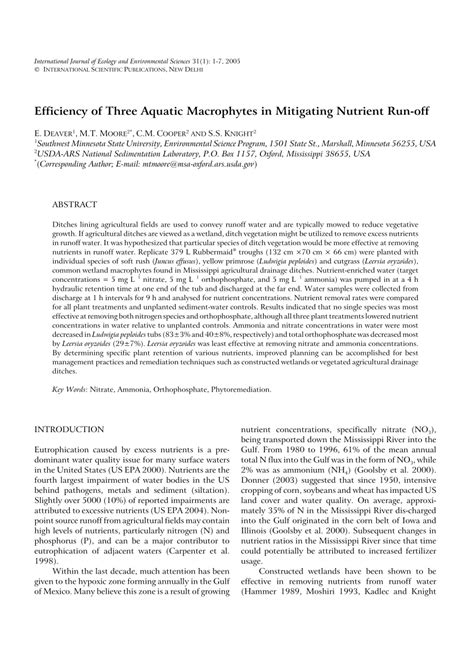 Pdf Efficiency Of Three Aquatic Macrophytes In Mitigating Nutrient