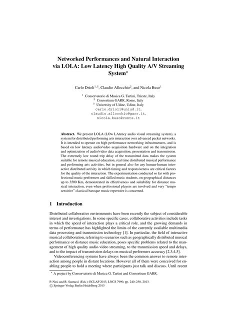 Pdf Networked Performances And Natural Interaction Via Lola Low Latency High Quality A V