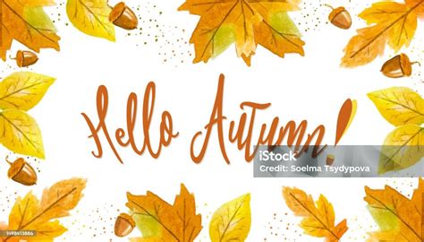 가을 배경입니다 수채화 단풍잎과 도토리 테두리 텍스트가 있는 프레임 Hello Autumn 추수 감사절과 추수 감사절 잎이 가로 배너를 떨어 뜨립니다 벡터 그림 가을에 대한