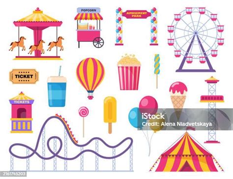 놀이 공원 아이콘입니다 벡터 카니발 서커스 텐트 관람차 롤러 코스터 회전 목마 및 팝콘 부스 티켓 상자 풍선 아이스크림 소다