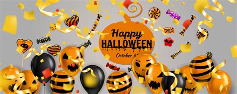 풍선 공기 현실적인 금 색종이 호일 떨어지는 해피 할로윈 배너 무서운 미소 유령 아이콘 검은 색 오렌지 색상 할로윈 템플릿 배경