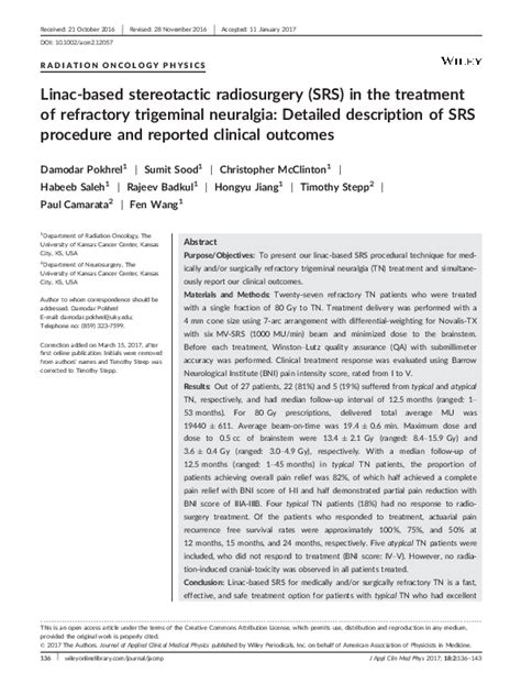 Pdf Linac Based Stereotactic Radiosurgery Srs In The Treatment Of Refractory Trigeminal