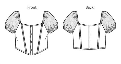 벡터 반팔 탑 수집 세부 사항 패션 Cad 여자 자른 스퀘어 넥 블라우스 프릴 세부 사항 기술 도면 템플릿 모형 스케치 블라우스