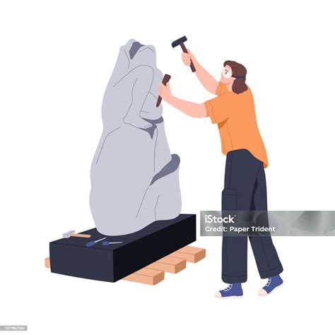 조각가 돌 동상 위대한 조각 장인의 조각 도구 창조적 인 장인 만들기 망치와 끌로 스마를 조각 흰색 배경에 격리된 플랫 벡터 그림 조각에 대한 스톡 벡터 아트 및 기타