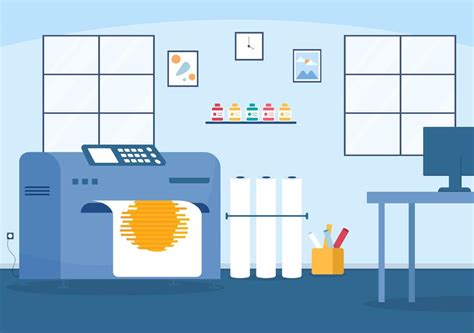 Print Shop Illustration With Production Process At Printing House And Machines For Operating Big