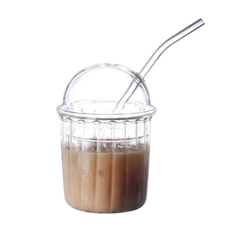 Pompotops Cute Drinking Glasses With Glass Dome Lid And Straw Reusable Wide Mouth Milkshakes