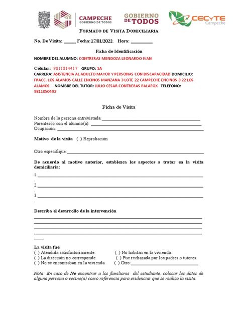 Formato De Visita Domiciliaria Pdf Aprendizaje