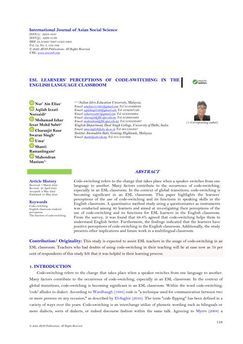 Pdf Esl Learners Perceptions Of Code Switching In The English