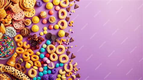 A Colorful Selection Of Candy And Snacks On A Purple Background