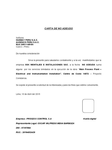 Modelo De Carta De No Adeudo Pdf Finanzas Y Dinero