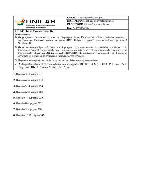 Lista De Exercicios Unidade 2 Tecnicas De Programacao Ii 20172