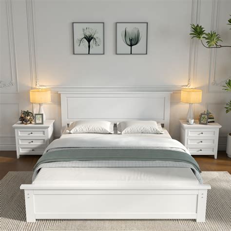 White Wooden Bed Frame Solid Wood Bed