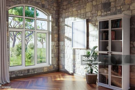 빈 캔버스 포스터는 벽에 매달려있다 빈 거실 내부 큰 창문을 통해 빛나는 밝은 일광 가정 장식 디자인 3d 그림 0명에 대한