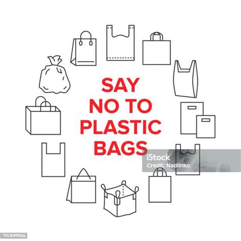 플랫 라인 아이콘이 있는 비닐 봉지 원 템플릿에 대해 말하지 마십시오 포스터에 대 한 폴 리 에틸렌 오염 인식 벡터 일러스트 플라스틱 쇼핑백의 얇은 징후 가방에 대한 스톡