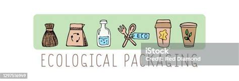 생태 포장 포스터 또는 웹 배너 배너 생태 포장 벡터에서 폐기물 수명이 없는 손으로 그린 요소입니다 재활용 가능한 플라스틱 없음 녹색으로 이동합니다 크래프트 패키징환경 보호