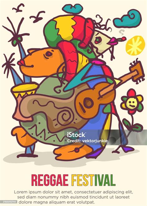Dreadlock 타악기 연주자와 기타리스트 개념 추상 선사 시대 이미지 레게 축제 템플릿 포스터 벡터 일러스트 레이 션 기타
