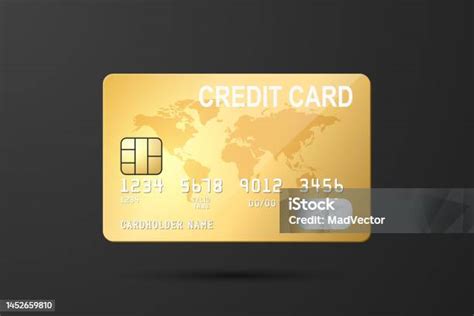 벡터 3d 현실적인 노란색 황금 신용 카드 검은 배경에 모형 브랜딩을 위한 플라스틱 신용 카드 또는 직불 카드의 디자인