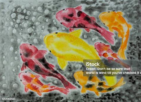 코이 피쉬 또는 화려한 멋진 잉어 일러스트 수채화 손 그림 물 거품과 함께 수영 황금 빨간색과 오렌지 물고기의 이미지 0명에 대한 스톡 벡터 아트 및 기타 이미지 Istock