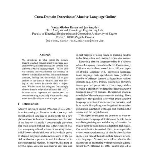 Cross Domain Detection Of Abusive Language Online Acl Anthology