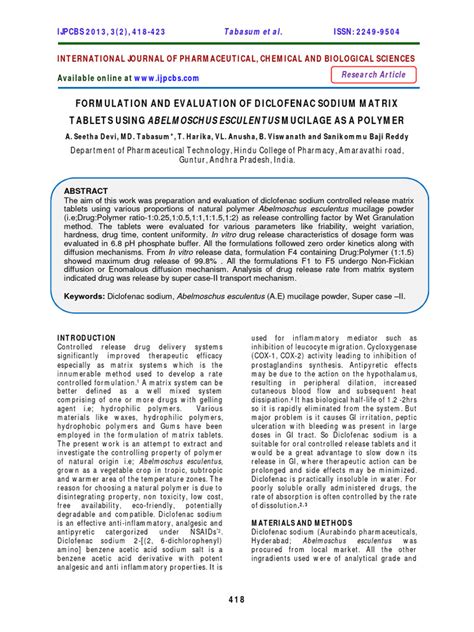 Formulation And Evaluation Of Diclofenac Sodium Matrix Tablets Using