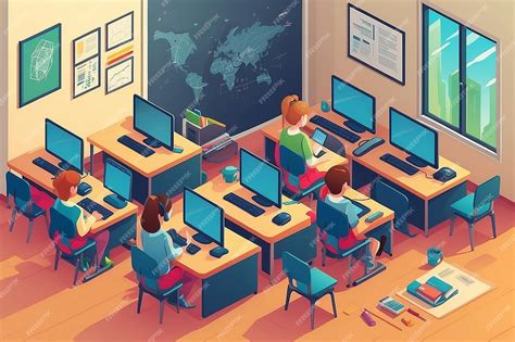 Premium Photo Isometric Computer Classroom With Teacher And Students