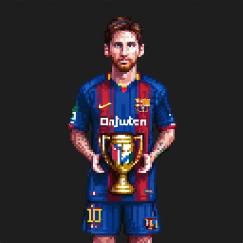 Lionel Messi With A Trophy Pixel Art Style Detailed Jersey