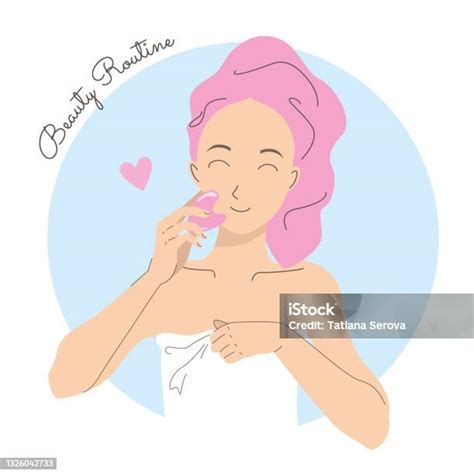 샤워 후 수건에 있는 뷰티 걸은 핑크 쿼츠 스톤 페이셜 마사지를 사용하여 피부를 관리합니다 구아 샤 페이스 마사지 스크레이퍼와 스킨 케어 루틴 절차 만화 플랫 벡터