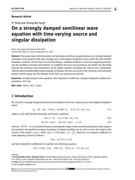 Pdf On A Strongly Damped Semilinear Wave Equation With Time Varying Source And Singular