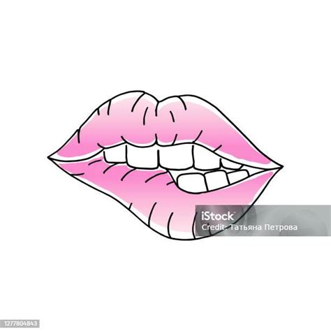 입술 벡터 일러스트 입 치아 물린 분홍색 입술 손으로 그린 흰색에 고립 관능에 대한 스톡 벡터 아트 및 기타 이미지 관능 낙서 드로잉 단일 이미지 Istock