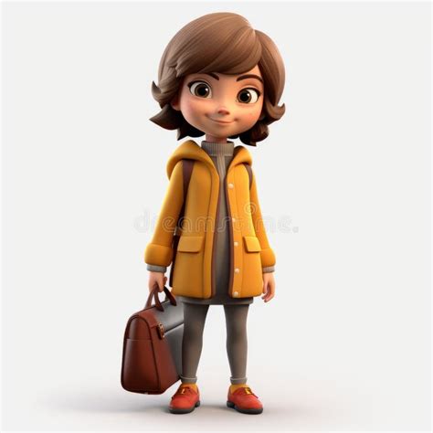 3d Render Of Sofia Animated Cartoon Character In Yellow Coat Holding Luggage Stock Illustration