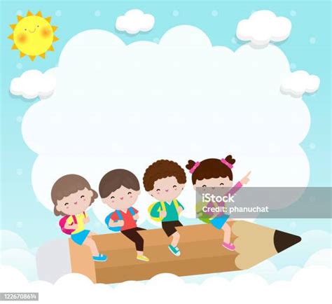 학교로 돌아가기 연필로 날아다니는 만화 어린이 그룹 하늘에 큰 연필을 타고 있는 아이들 배경에 고립 된 교육 개념 포스터 벡터 일러스트 공부에 대한 스톡 벡터 아트 및 기타