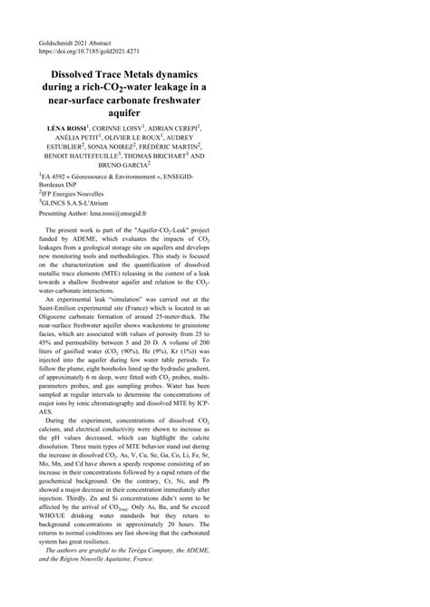 Pdf Dissolved Trace Metals Dynamics During A Rich Co 2 Water Leakage In A Near Surface