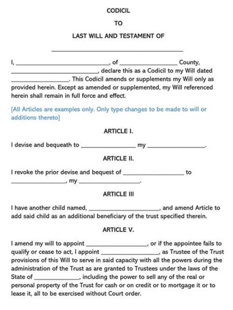 Free Codicil To Will Forms Word Pdf