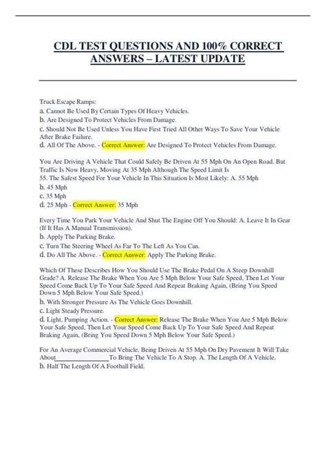 Cdl Test Questions And 100 Correct Answers Latest Update Cdl Stuvia Us