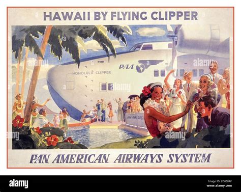 Vintage 1930s Aviation Travel Poster Hawaii By Flying Clipper Pan