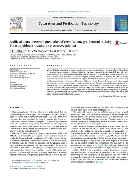 Pdf Artificial Neural Network Prediction Of Chemical Oxygen Demand In Dairy Industry Effluent