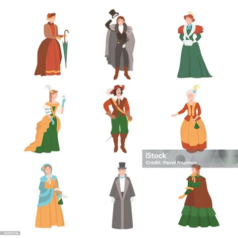 19 세기의 역사적인 의상을 입은 사람들 빅토리아 사람들 패션 만화 벡터 일러스트레이션 의류에 대한 스톡 벡터 아트 및 기타