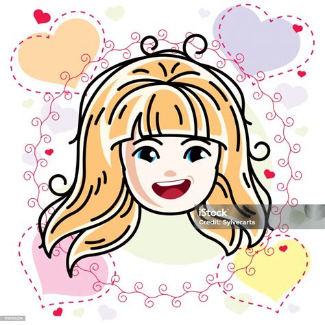 백색 인종 종류 여자 얼굴 긍정적인 감정을 벡터 인간의 머리 그림 표현입니다 세련 된 머리와 아름 다운 금발 아이입니다 감정에 대한 스톡 벡터 아트 및 기타 이미지 Istock