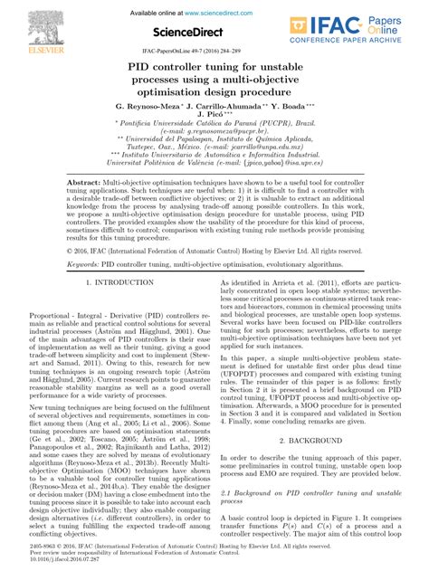 Pdf Pid Controller Tuning For Unstable Processes Using A Multi Objective Optimisation Design