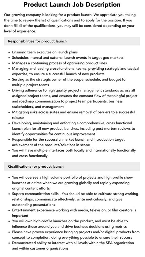 Product Launch Job Description Velvet Jobs